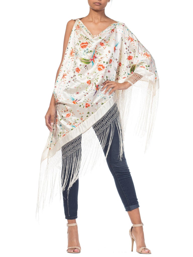 MORPHEW COLLECTION Cream Hand Embroidered Silk Satin One Shoulder Or ...