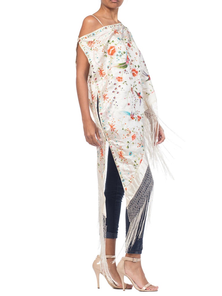 MORPHEW COLLECTION Cream Hand Embroidered Silk Satin One Shoulder Or ...