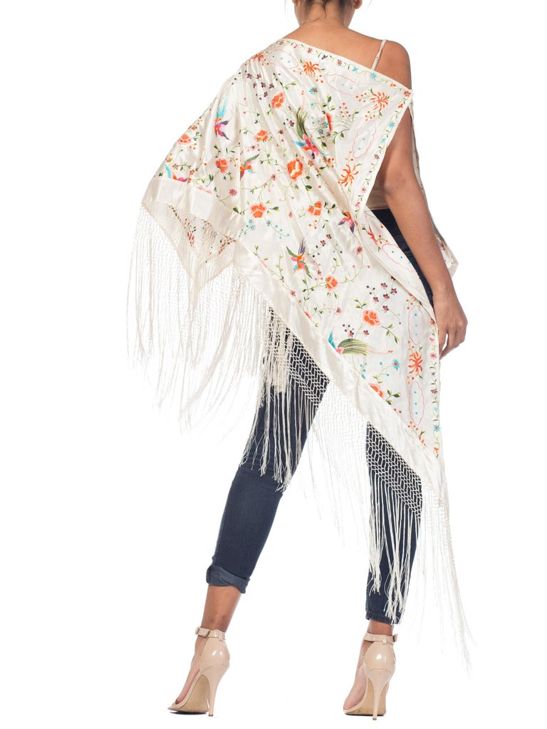 MORPHEW COLLECTION Cream Hand Embroidered Silk Satin One Shoulder Or ...