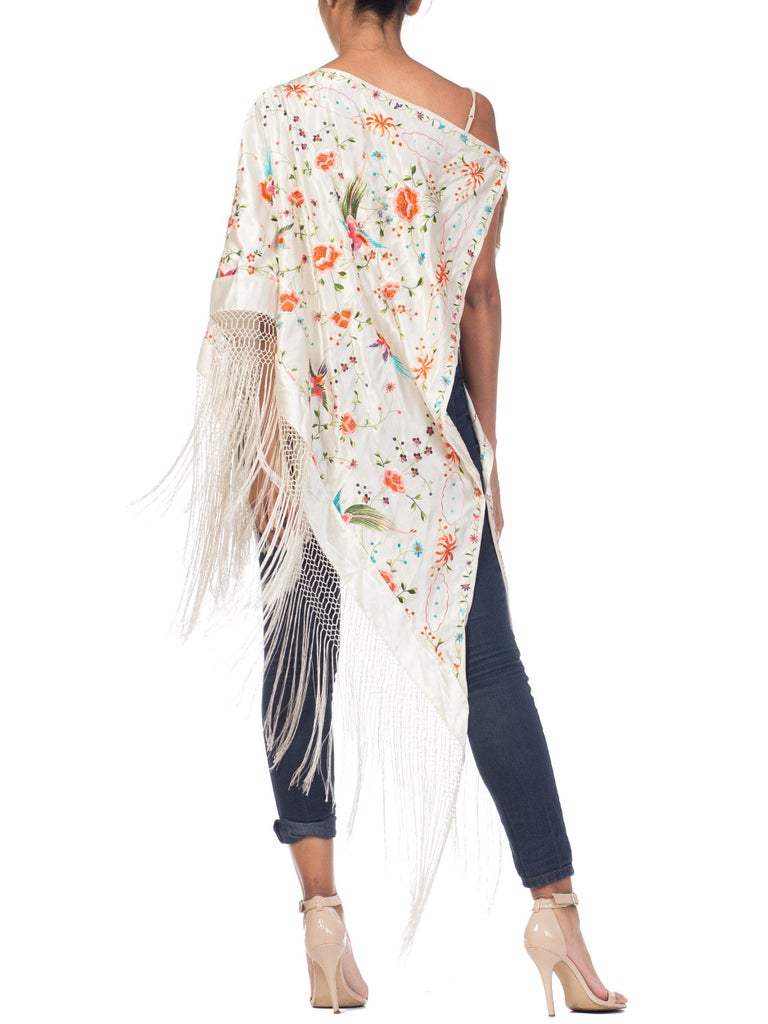 MORPHEW COLLECTION Cream Hand Embroidered Silk Satin One Shoulder Or ...