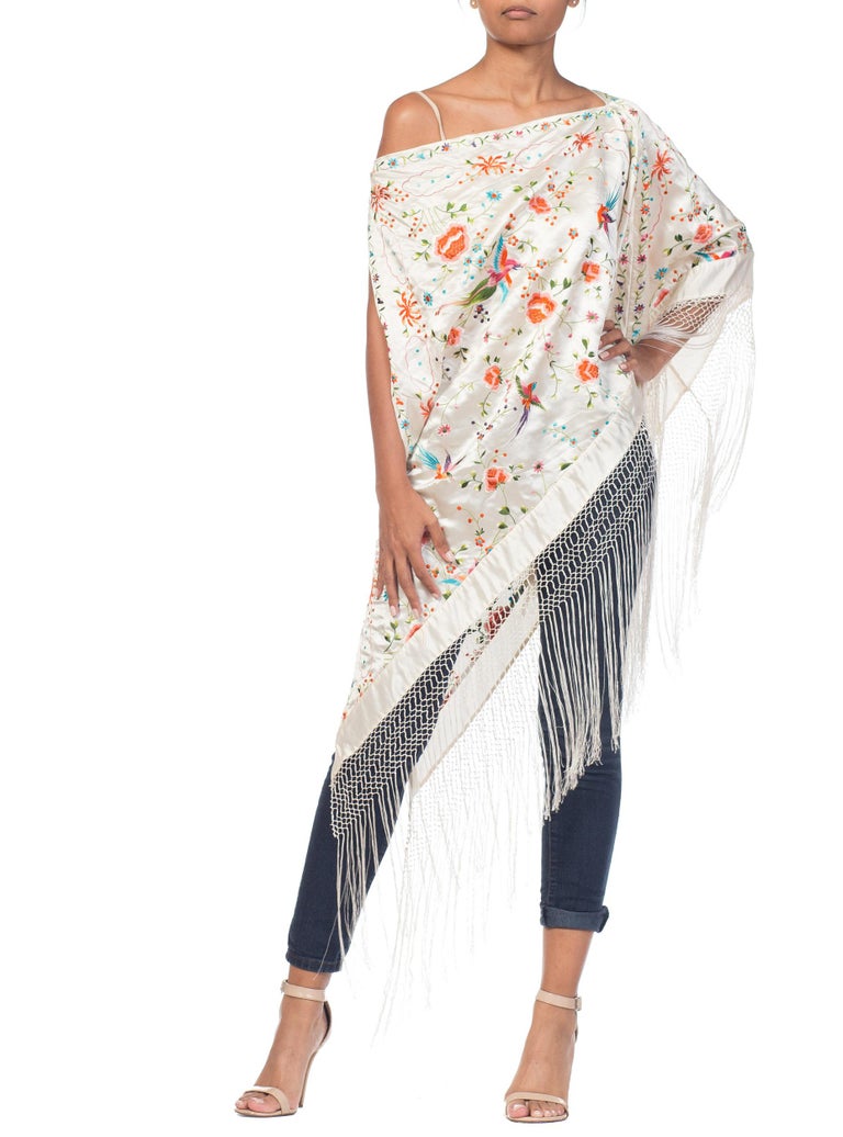 MORPHEW COLLECTION Cream Hand Embroidered Silk Satin One Shoulder Or ...