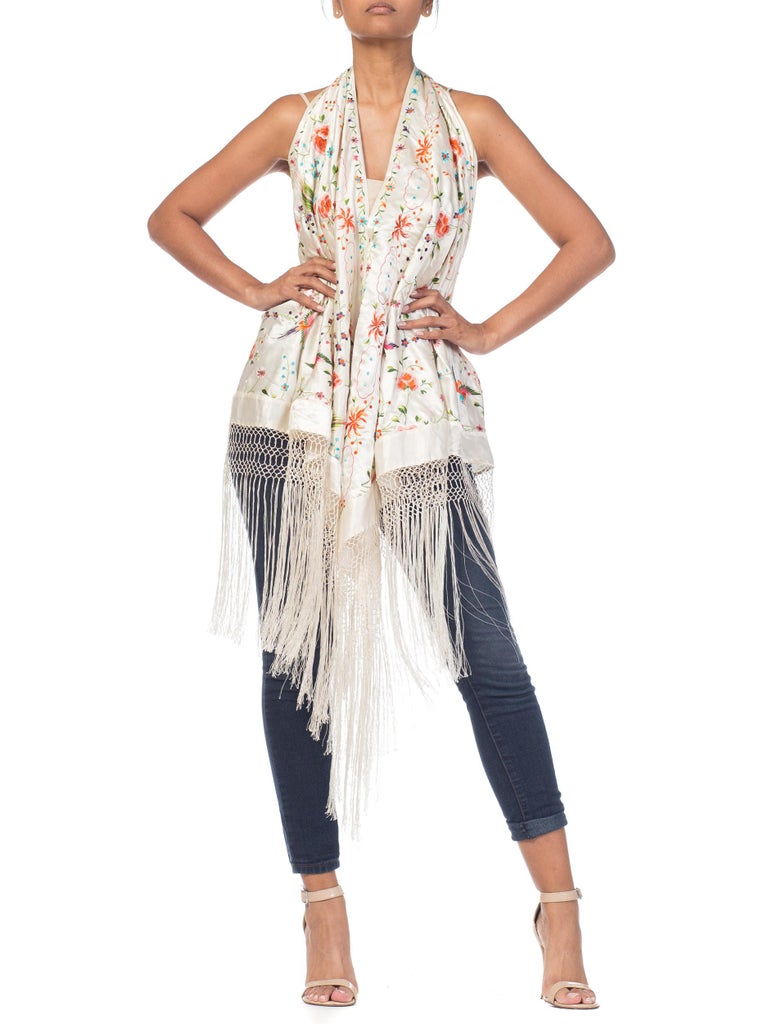 MORPHEW COLLECTION Cream Hand Embroidered Silk Satin One Shoulder Or ...