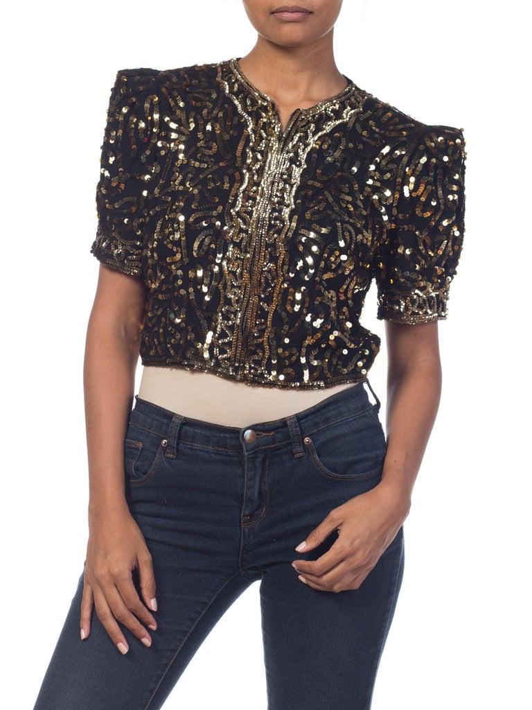 1930S Rayon Crepe Gold Sequined Short Sleeve Zipper Front Dinner Jacket ...