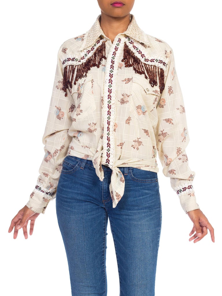 1970s Wrangler Floral Print Western Top With Lace and Ribbon at 1stDibs