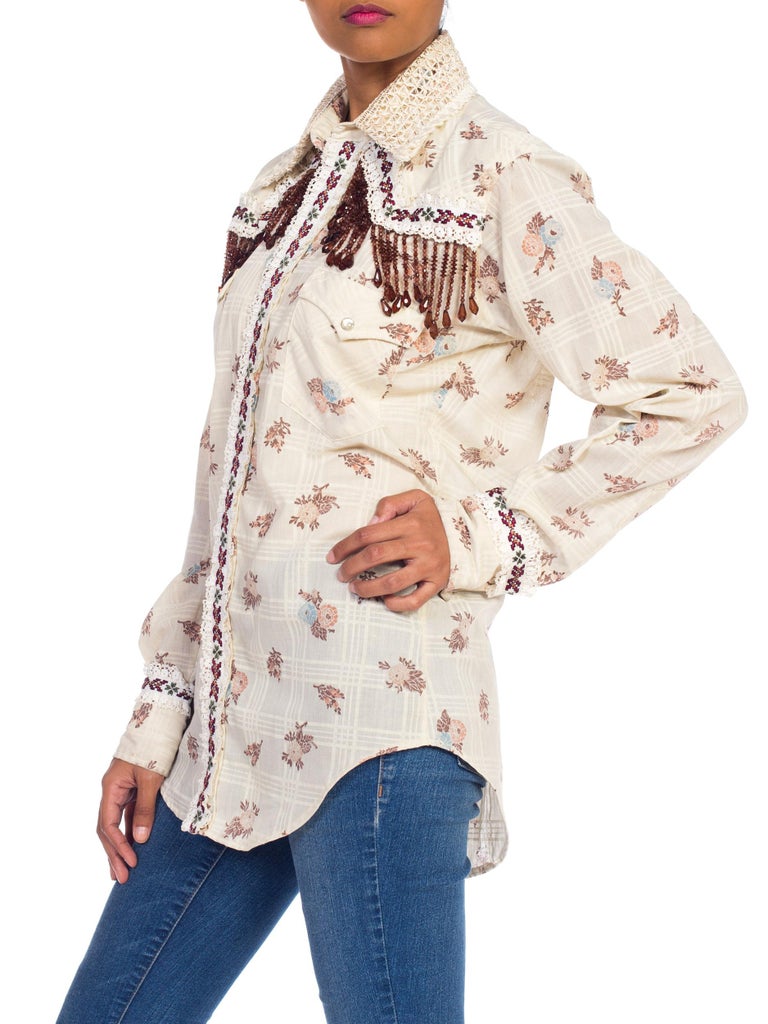 1970s Wrangler Floral Print Western Top With Lace and Ribbon at 1stDibs