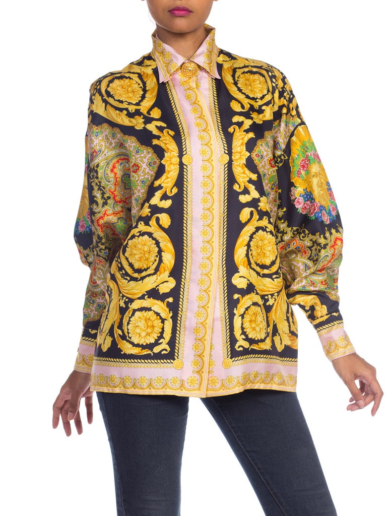 1990s Gianni Versace Baroque Silk Blouse With Giant Gold Buttons at ...