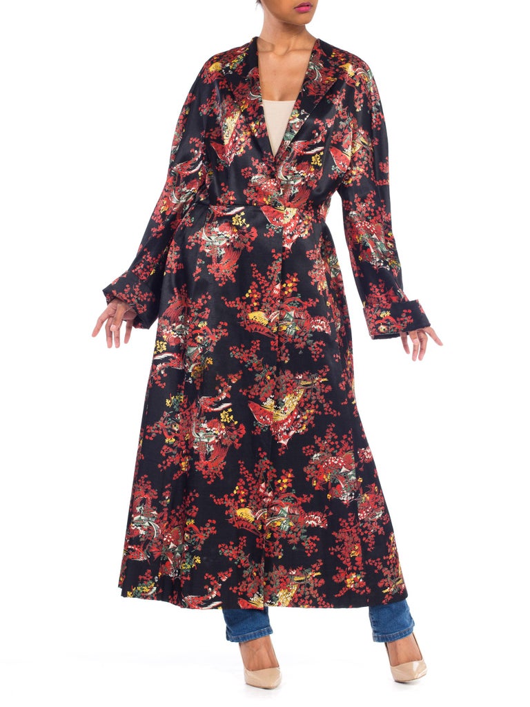 1940S Black Asian Cotton / Rayon Satin Faced Flannel Duster Robe at ...