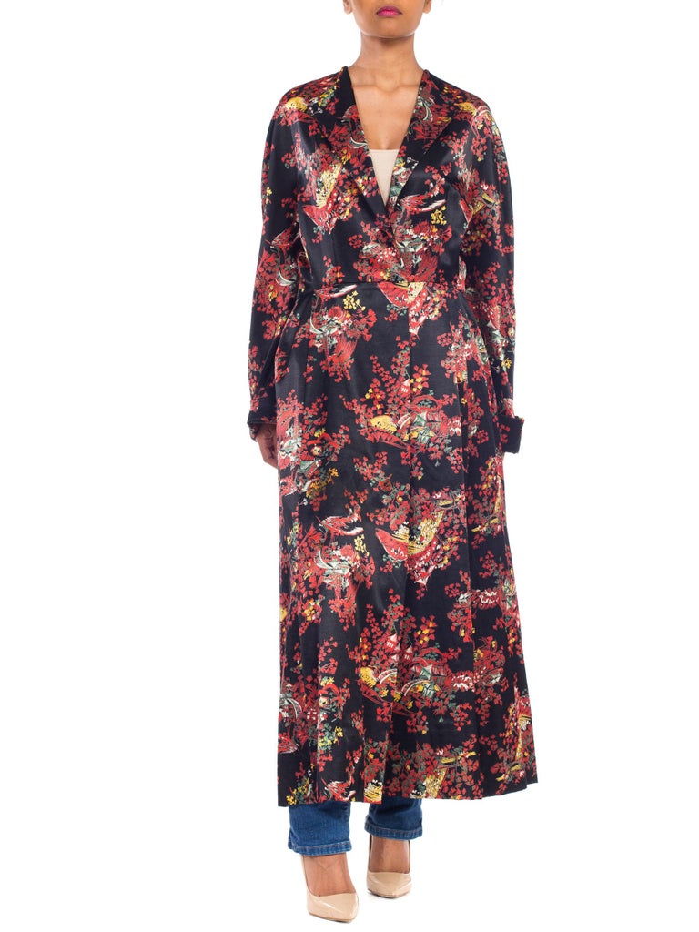 1940S Black Asian Cotton / Rayon Satin Faced Flannel Duster Robe at ...