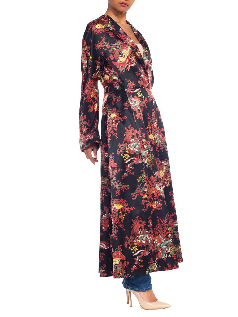 1940S Black Asian Cotton / Rayon Satin Faced Flannel Duster Robe at ...