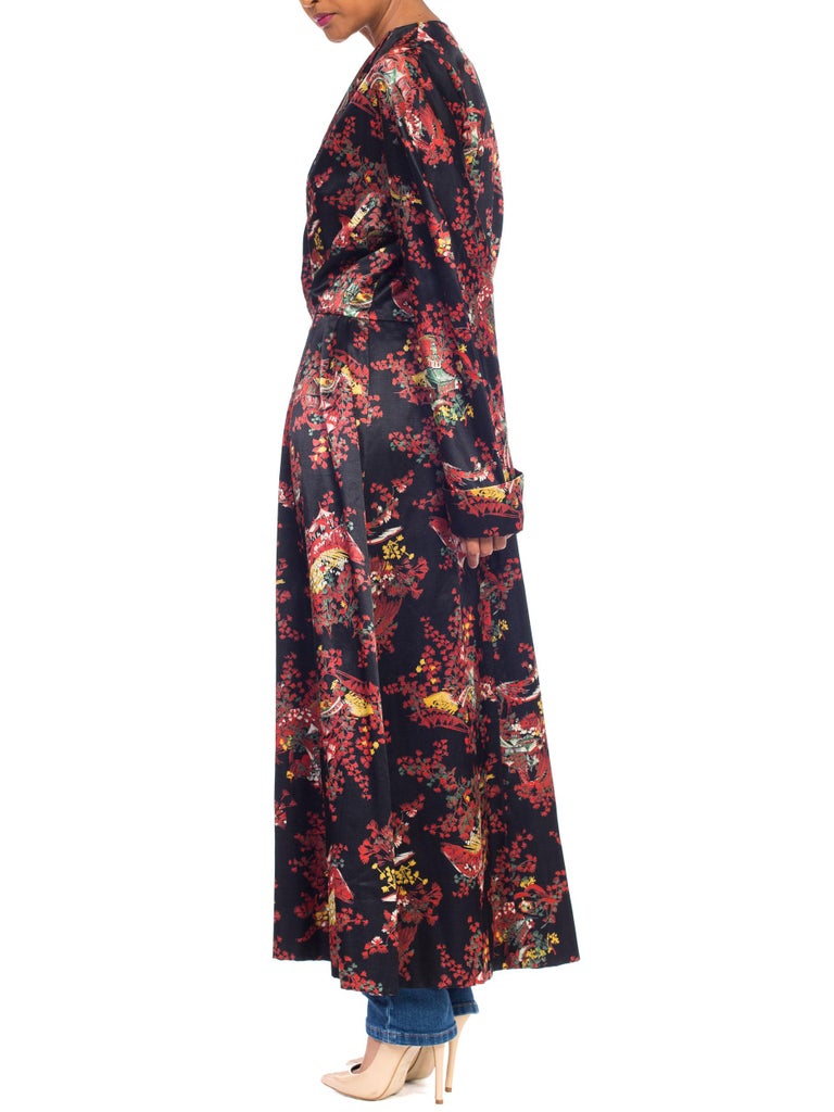 1940S Black Asian Cotton / Rayon Satin Faced Flannel Duster Robe at ...