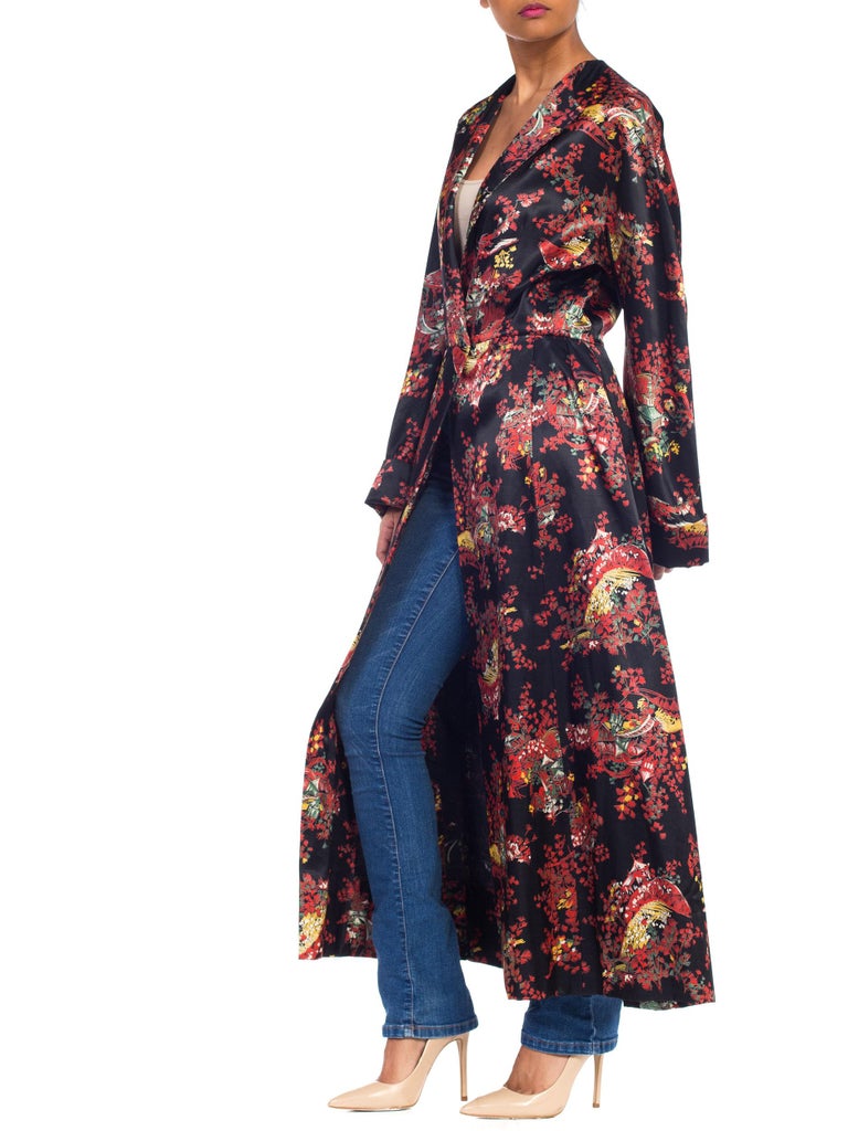 1940S Black Asian Cotton / Rayon Satin Faced Flannel Duster Robe at ...