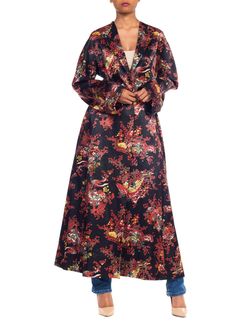 1940S Black Asian Cotton / Rayon Satin Faced Flannel Duster Robe at ...