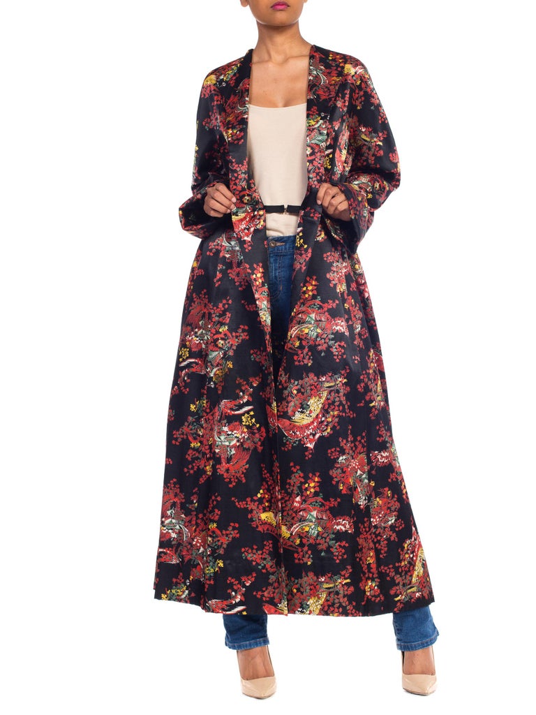 1940S Black Asian Cotton / Rayon Satin Faced Flannel Duster Robe at ...