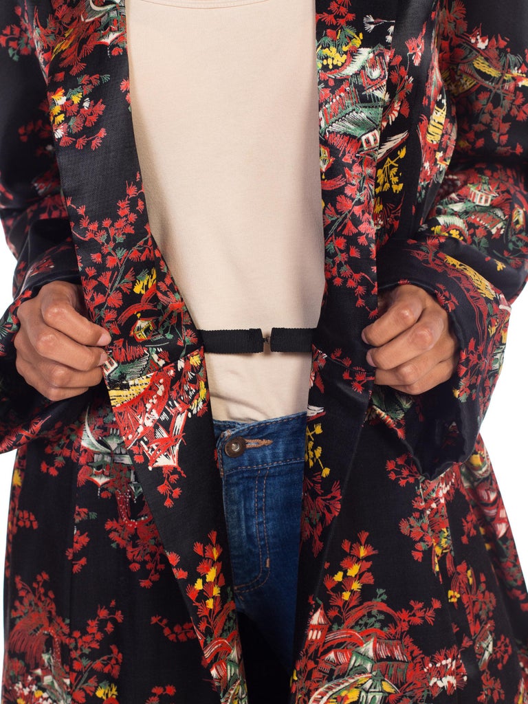 1940S Black Asian Cotton / Rayon Satin Faced Flannel Duster Robe at ...