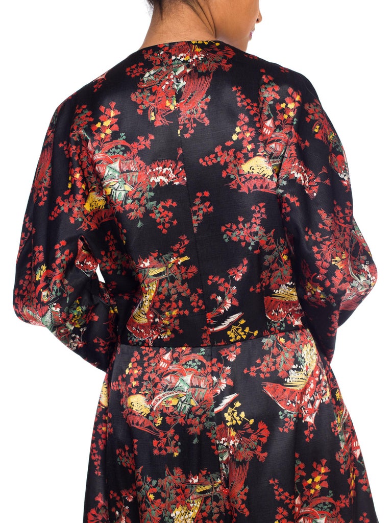 1940S Black Asian Cotton / Rayon Satin Faced Flannel Duster Robe at ...