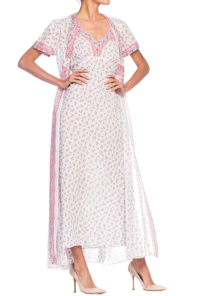 1930S Pink and Blue Floral Cotton Voile Bias Cut Negligee Slip Dress ...
