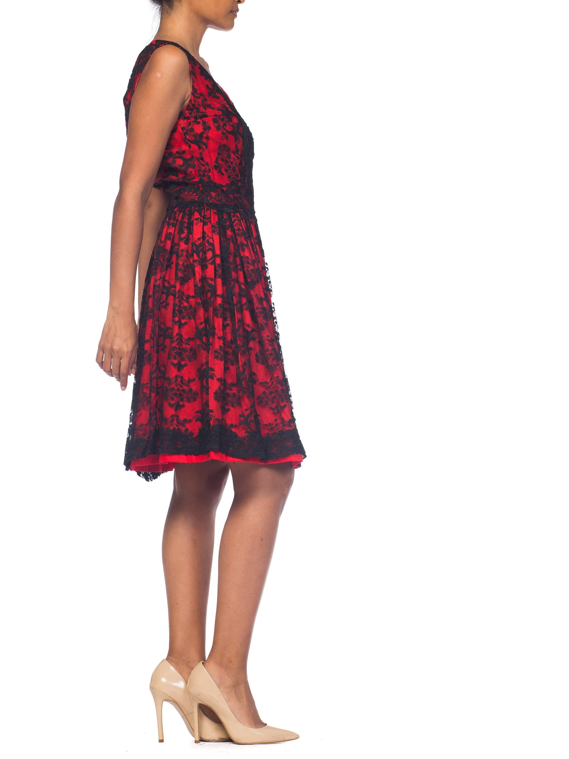 1950S Black and Red Cotton Sateen Chantilly Lace Cocktail Dress at ...