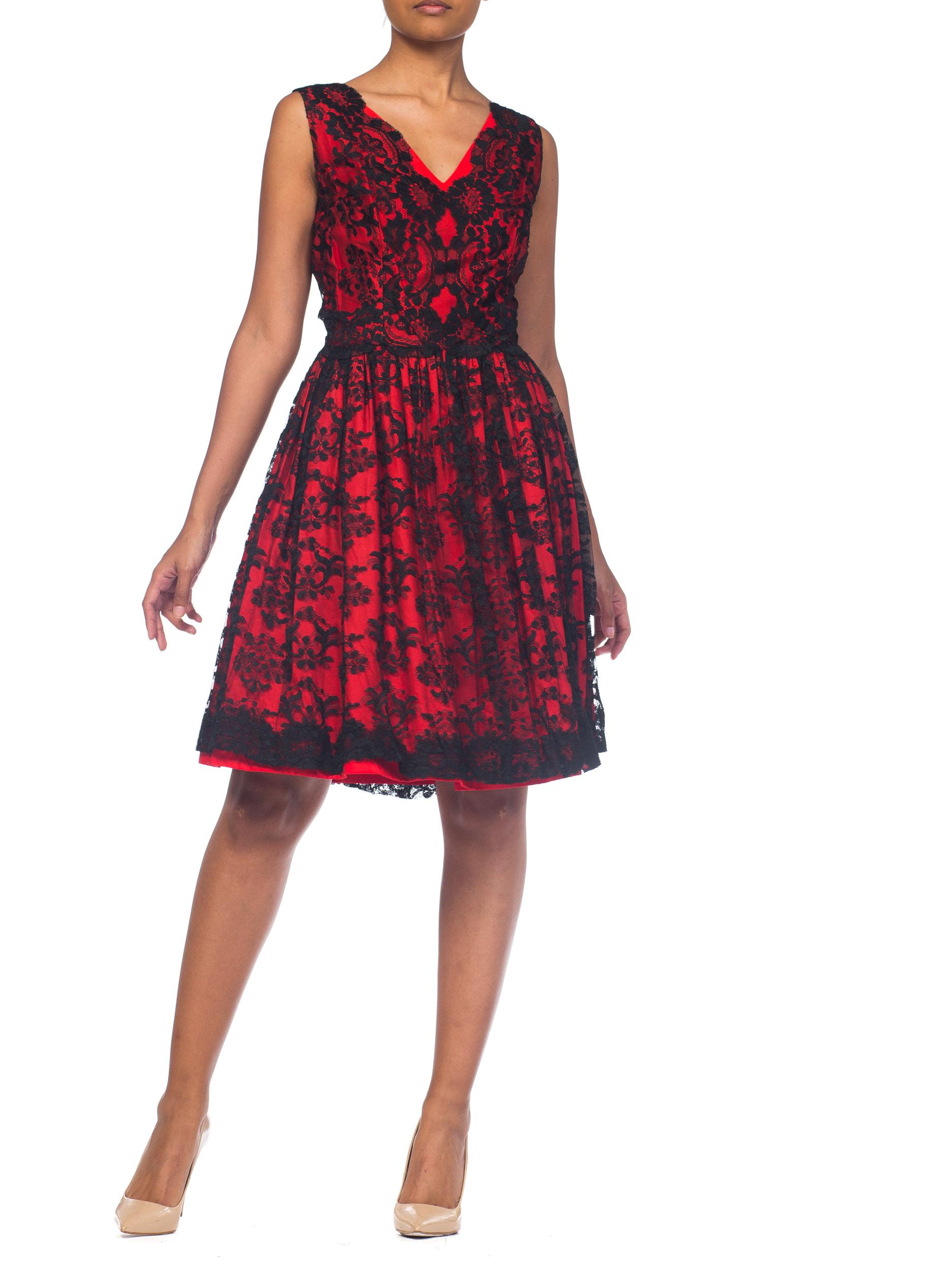 1950S Black and Red Cotton Sateen Chantilly Lace Cocktail Dress at ...