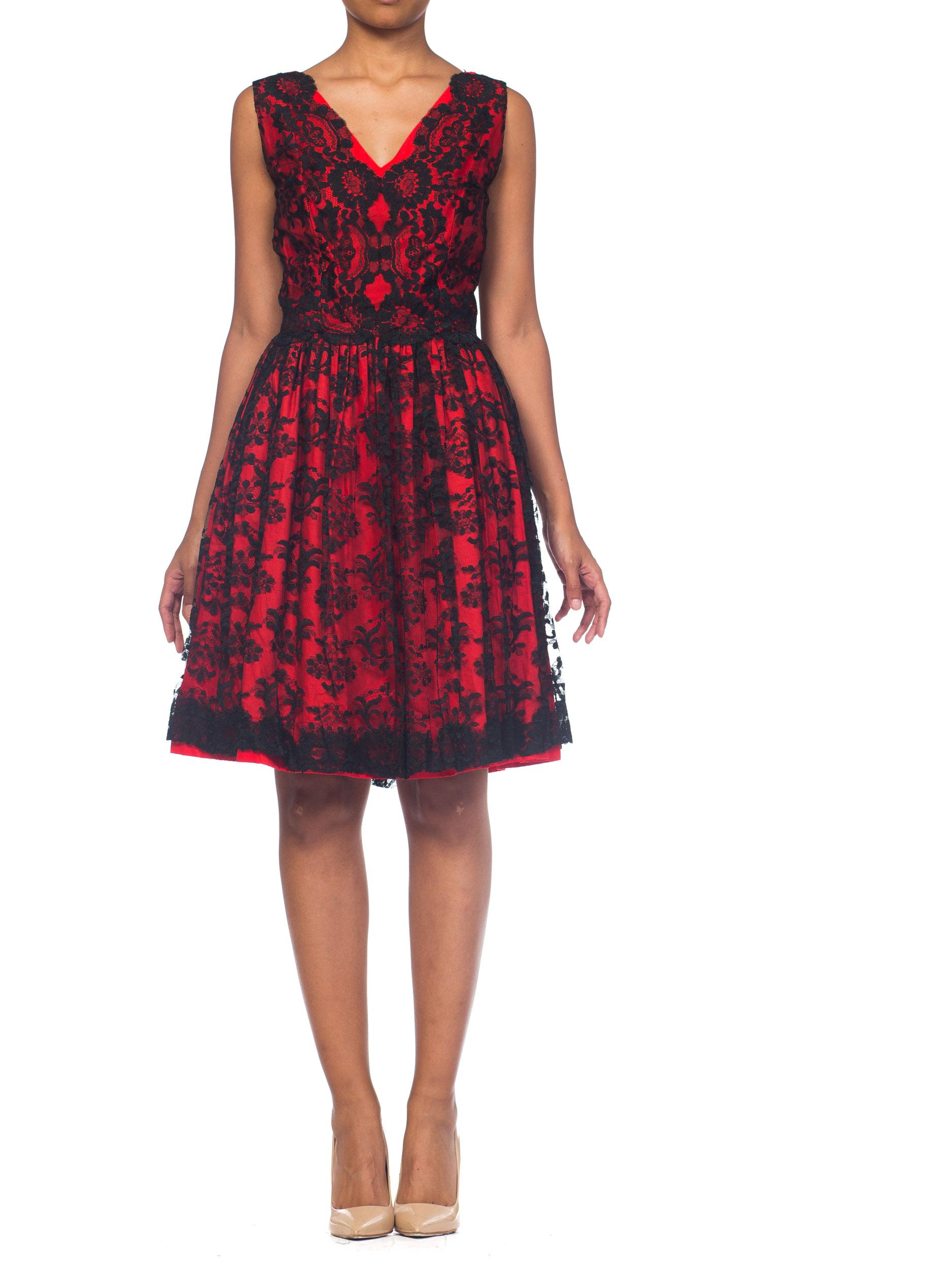 1950S Black and Red Cotton Sateen Chantilly Lace Cocktail Dress at ...