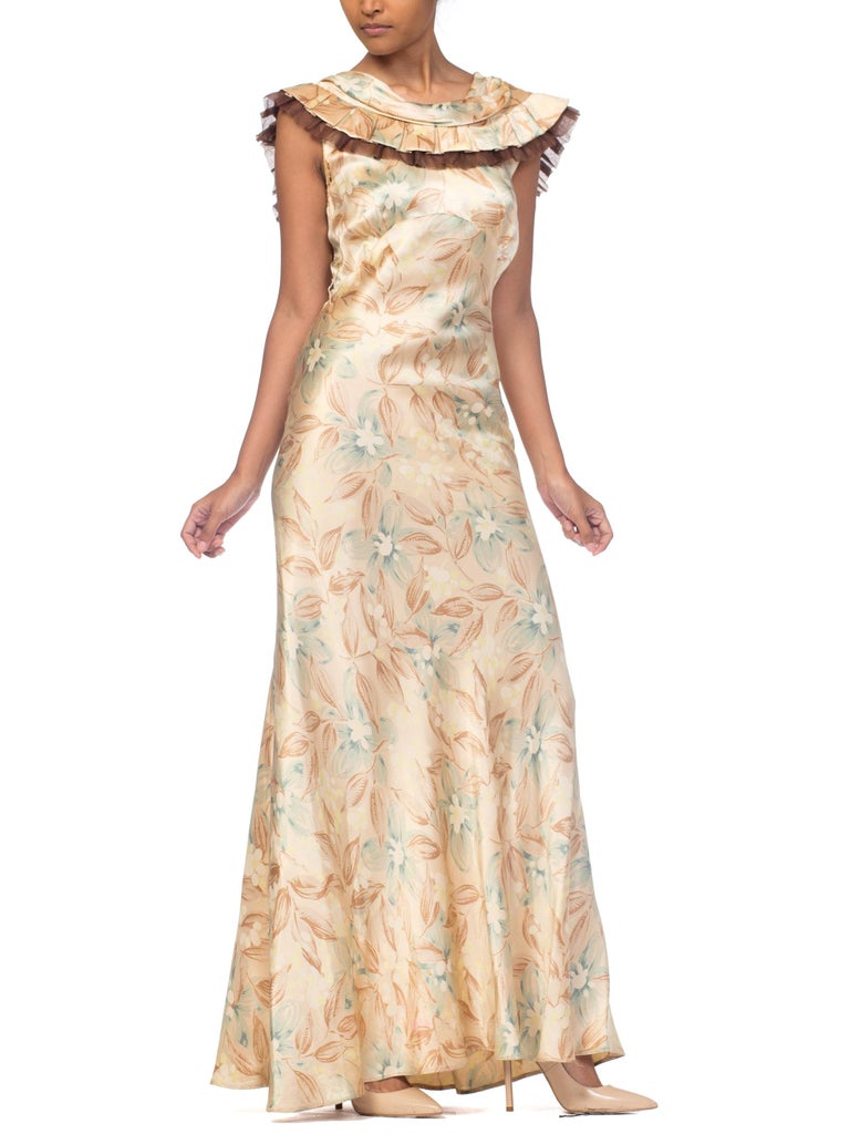 1930s Bias Cut Floral Satin Gown With Silk Ruffles at 1stDibs | bias ...