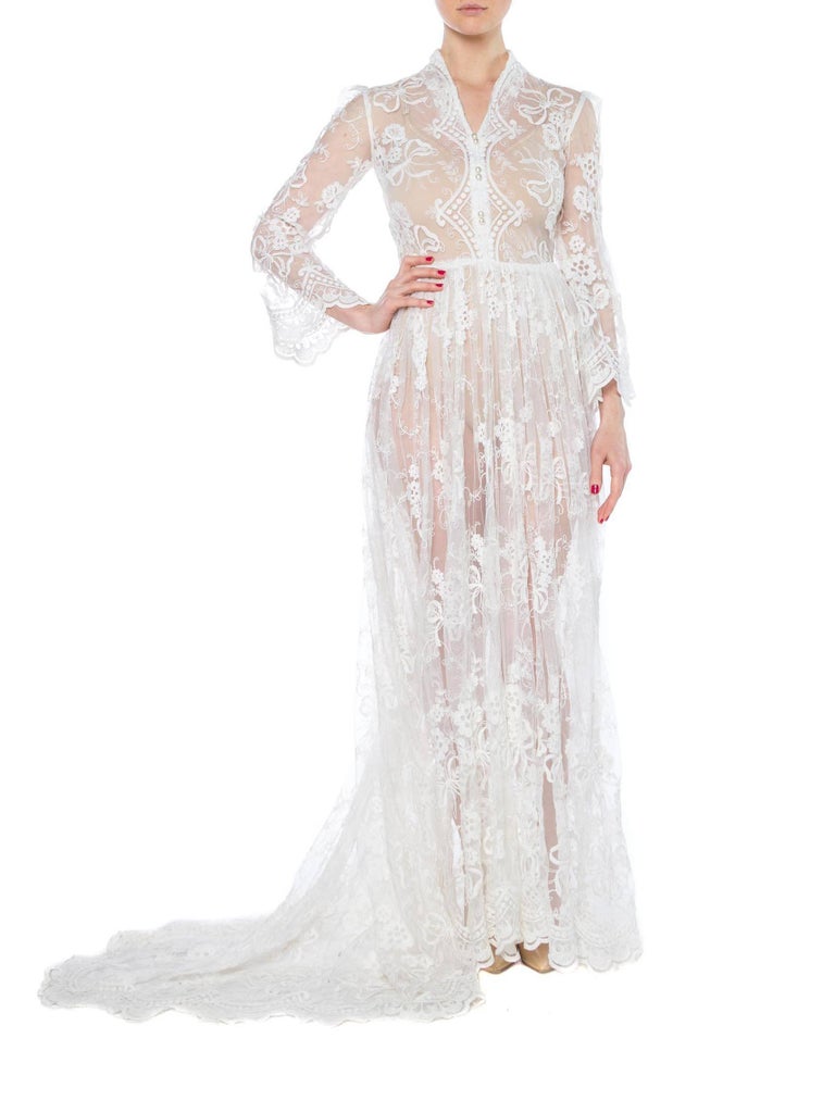 Floral Embroidered Net Lace Dress with Sleeves For Sale at 1stDibs