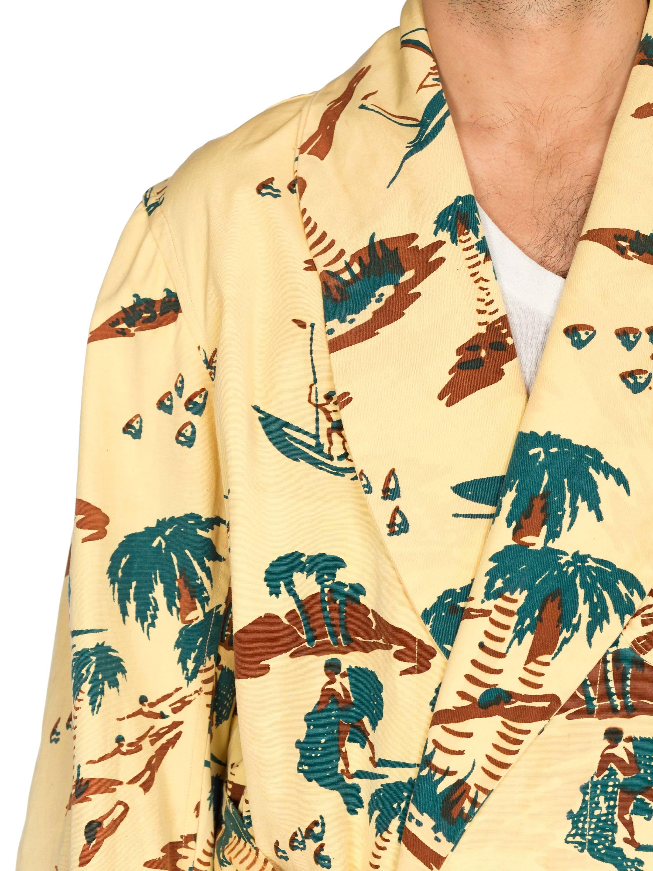 1940S Pale Yellow Cotton Rare Hawaiian Tropical Print Surfer Robe at ...