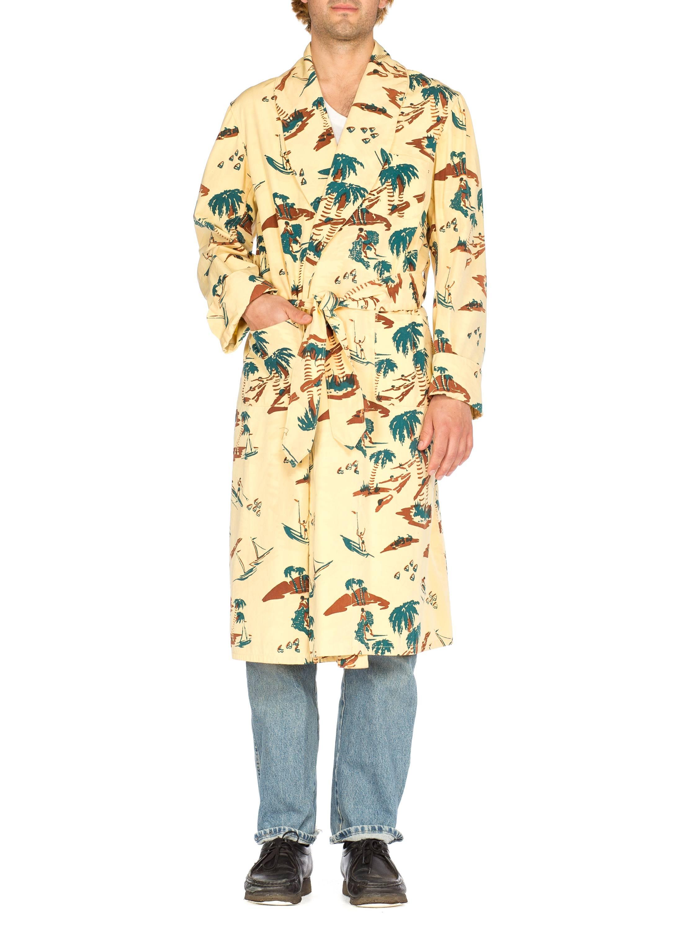1940S Pale Yellow Cotton Rare Hawaiian Tropical Print Surfer Robe at ...