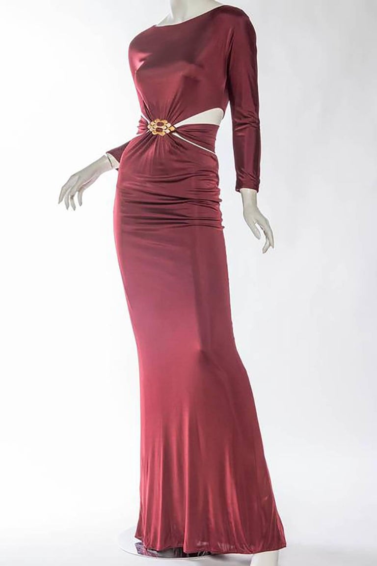 2000S ROBERTO CAVALLI Burgundy Rayon Jersey Long Sleeve Side Cut-Out ...