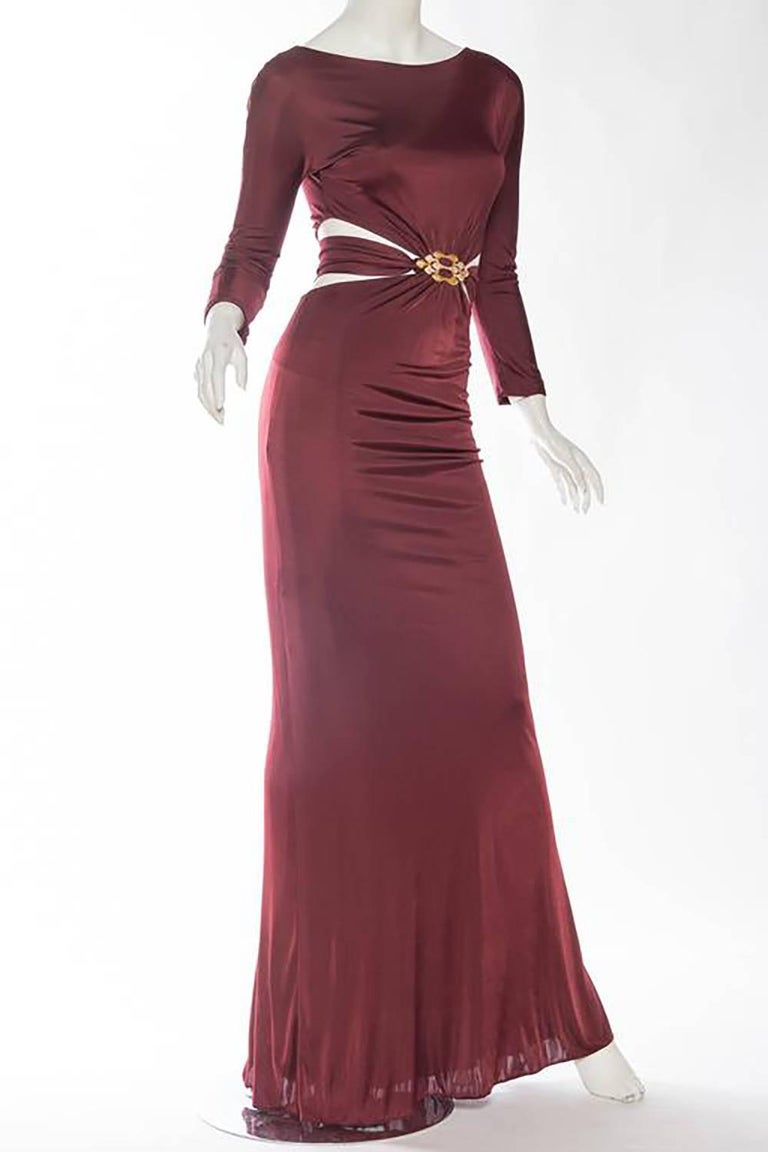 2000S ROBERTO CAVALLI Burgundy Rayon Jersey Long Sleeve Side Cut-Out ...
