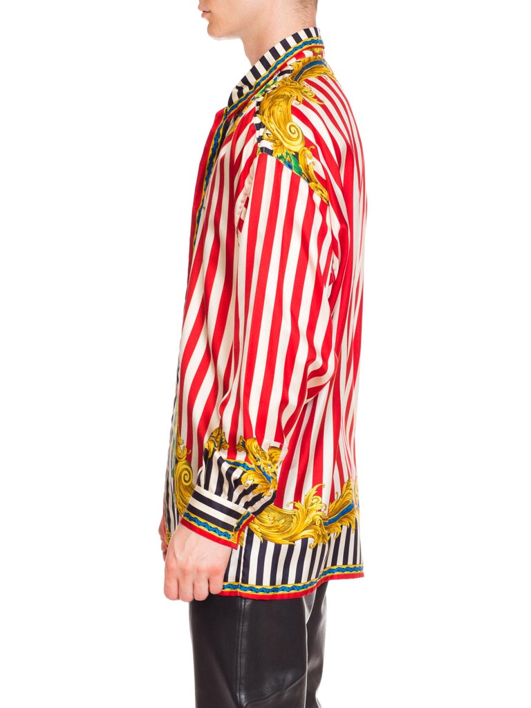 1990S GIANNI VERSACE Red and White Silk Men's Baroque Stripe Shirt at ...