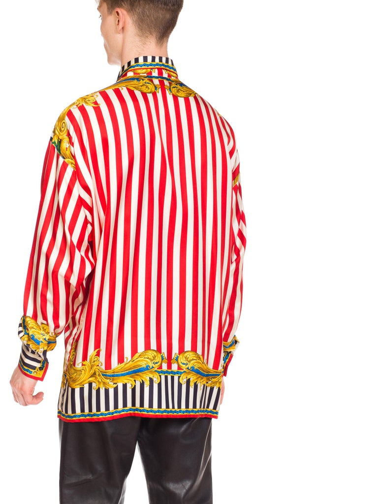 1990S GIANNI VERSACE Red and White Silk Men's Baroque Stripe Shirt at ...