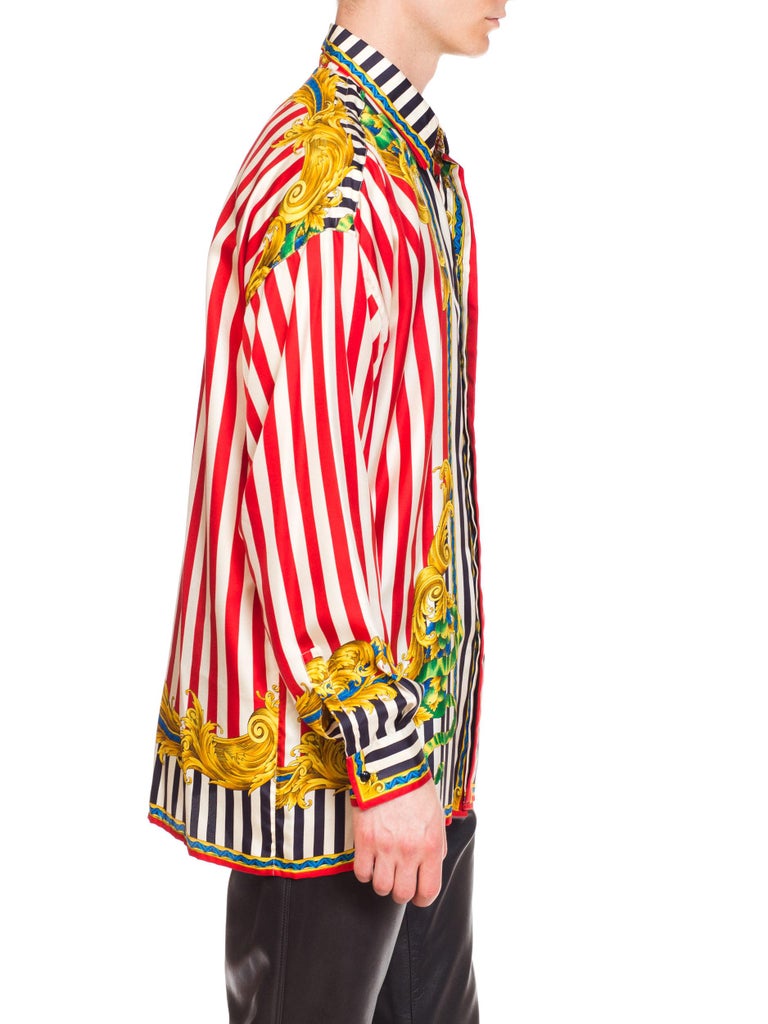 1990S GIANNI VERSACE Red and White Silk Men's Baroque Stripe Shirt at ...