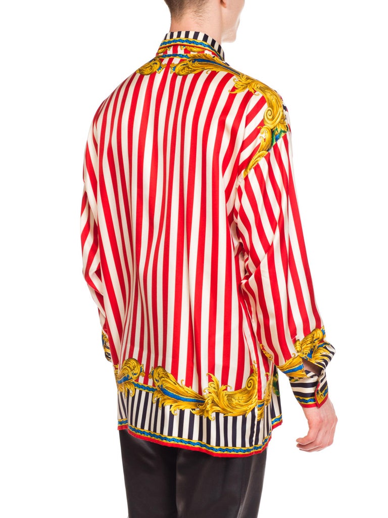1990S GIANNI VERSACE Red and White Silk Men's Baroque Stripe Shirt at ...
