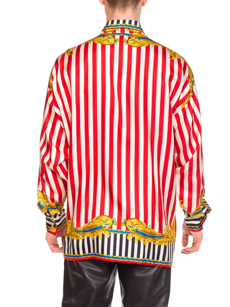 1990S GIANNI VERSACE Red and White Silk Men's Baroque Stripe Shirt at ...