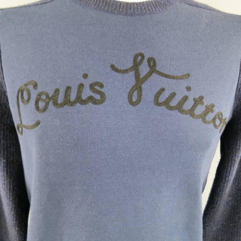 LOUIS VUITTON Size XL Navy Cashmere Blend Cursive Embroidered Pullover ...