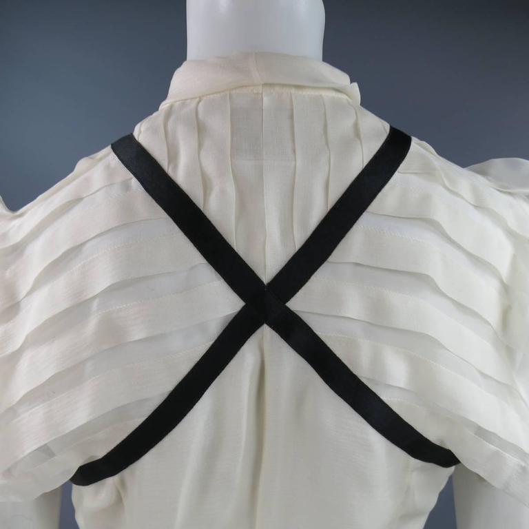 CHANEL Size 6 Cream Chiffon Ruffled Sleeve Black Piping Bow Blouse Fall ...