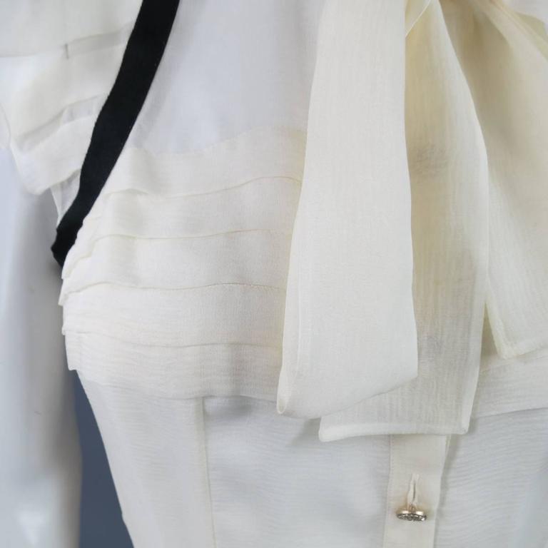 CHANEL Size 6 Cream Chiffon Ruffled Sleeve Black Piping Bow Blouse Fall ...