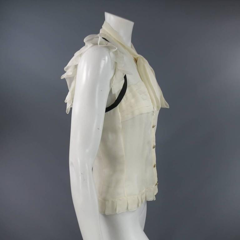 CHANEL Size 6 Cream Chiffon Ruffled Sleeve Black Piping Bow Blouse Fall ...