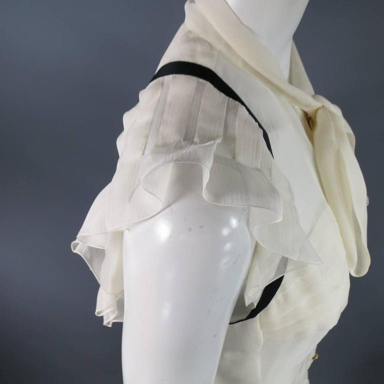 CHANEL Size 6 Cream Chiffon Ruffled Sleeve Black Piping Bow Blouse Fall ...