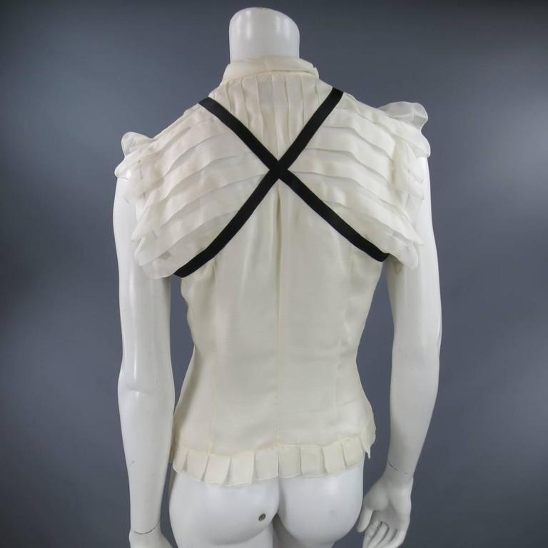 CHANEL Size 6 Cream Chiffon Ruffled Sleeve Black Piping Bow Blouse Fall ...