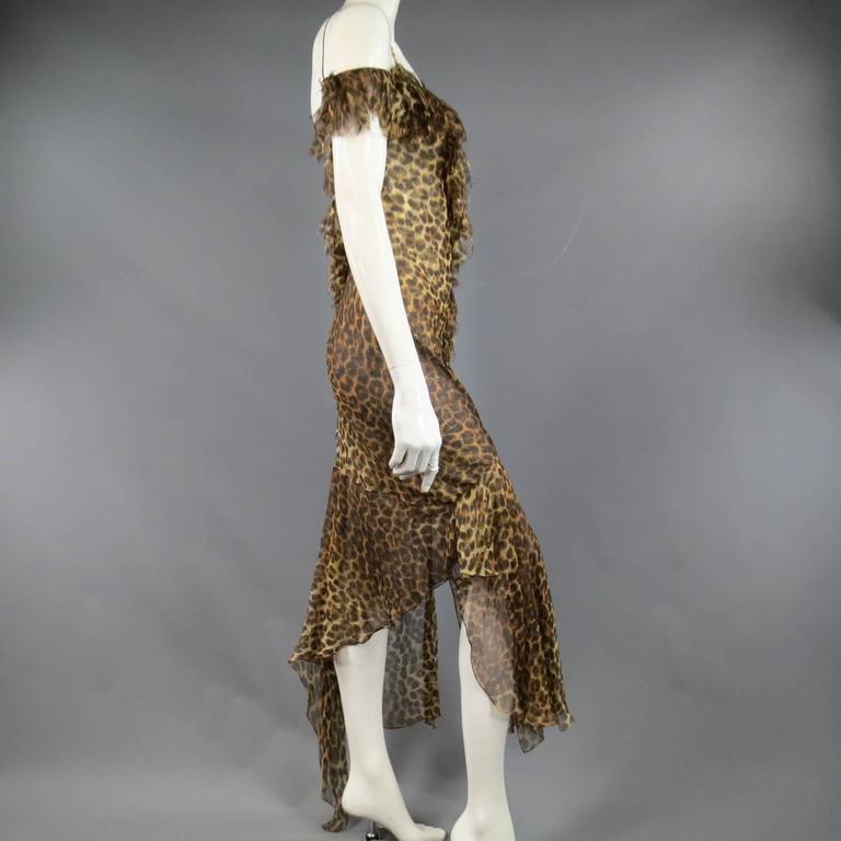 CHRISTIAN DIOR Size 6 Leopard Silk Fringe Ruffle CD Strap Cocktail ...