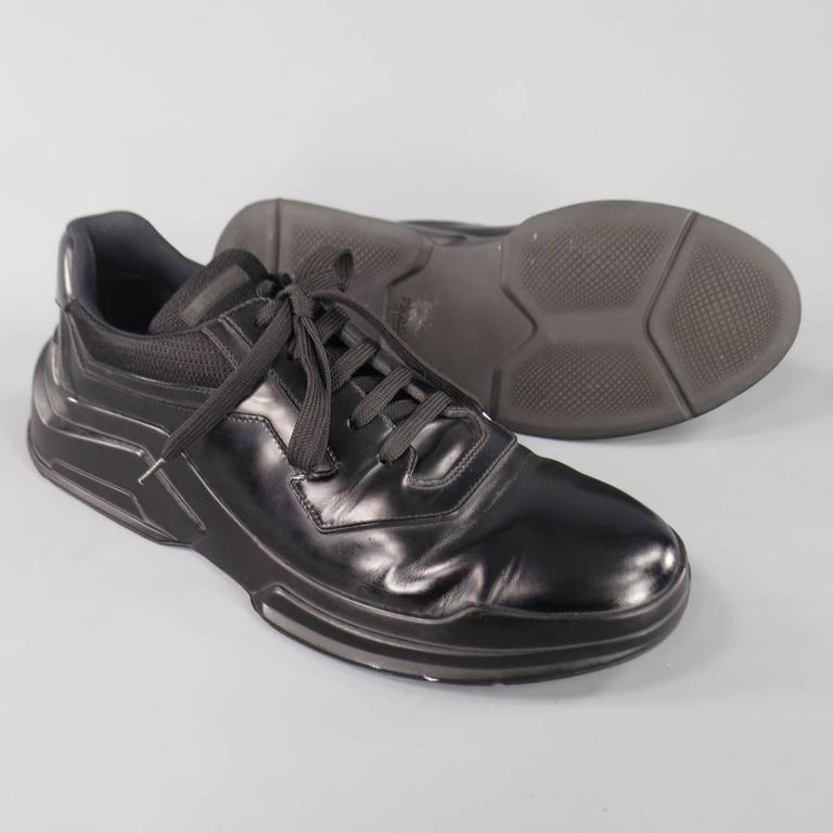 Men's PRADA Size 11 Black Leather Thick Rubber Sole Lace Up at 1stDibs