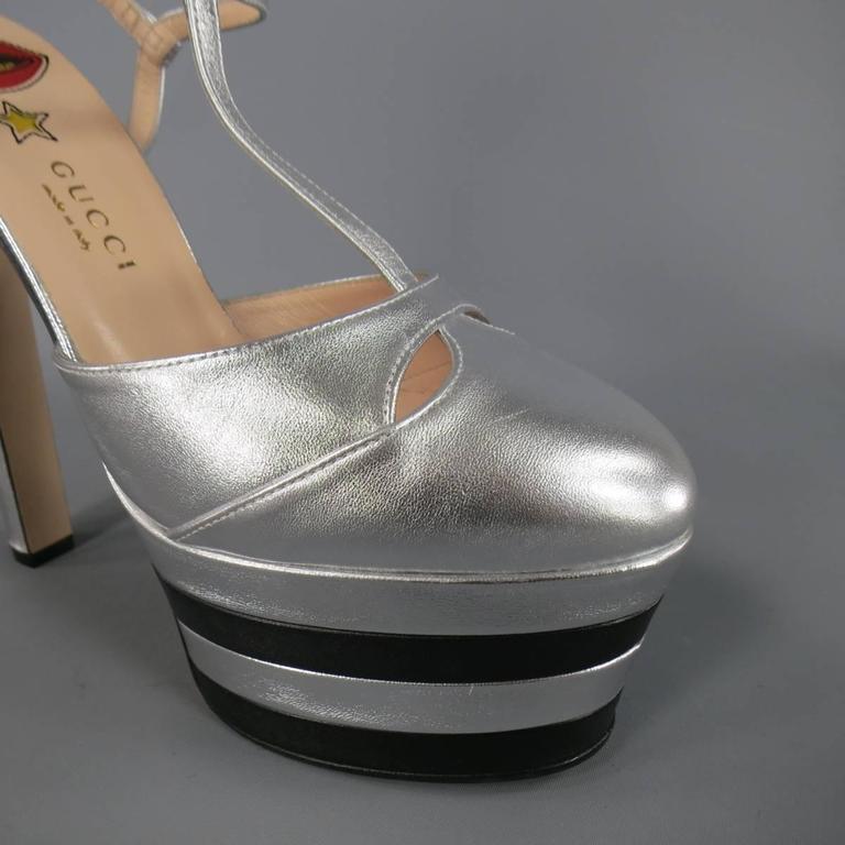GUCCI Size 8.5 Silver and Black Leather T Strap Striped ANGEL Platform ...