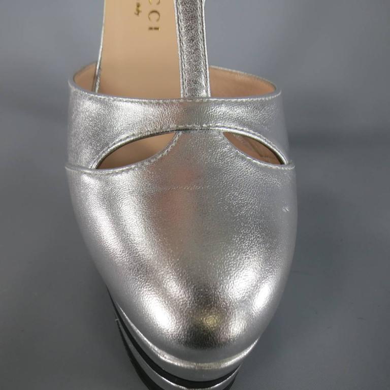 GUCCI Size 8.5 Silver and Black Leather T Strap Striped ANGEL Platform ...