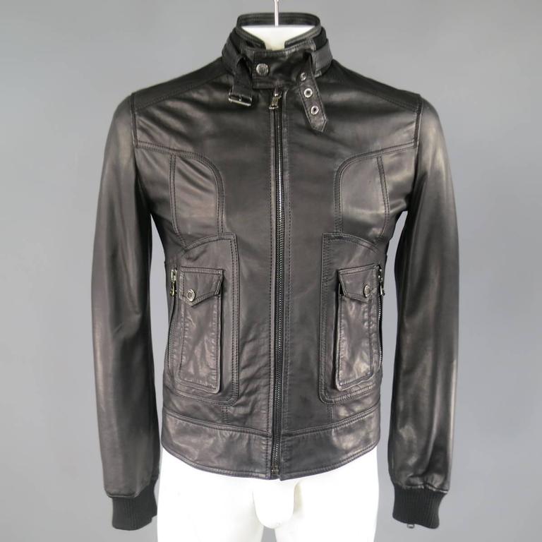 Men's D&G by DOLCE and GABBANA 36 Black Leather Belted Collar Moto ...