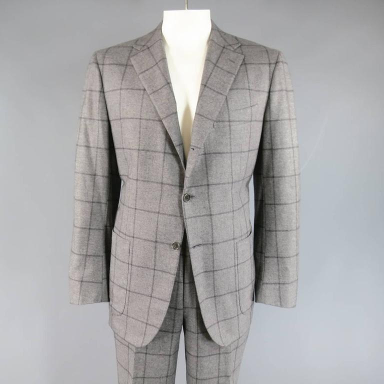Kiton Men's Suit 46 R 3 Button Gray Windowpane Cashmere Notch Lapel ...