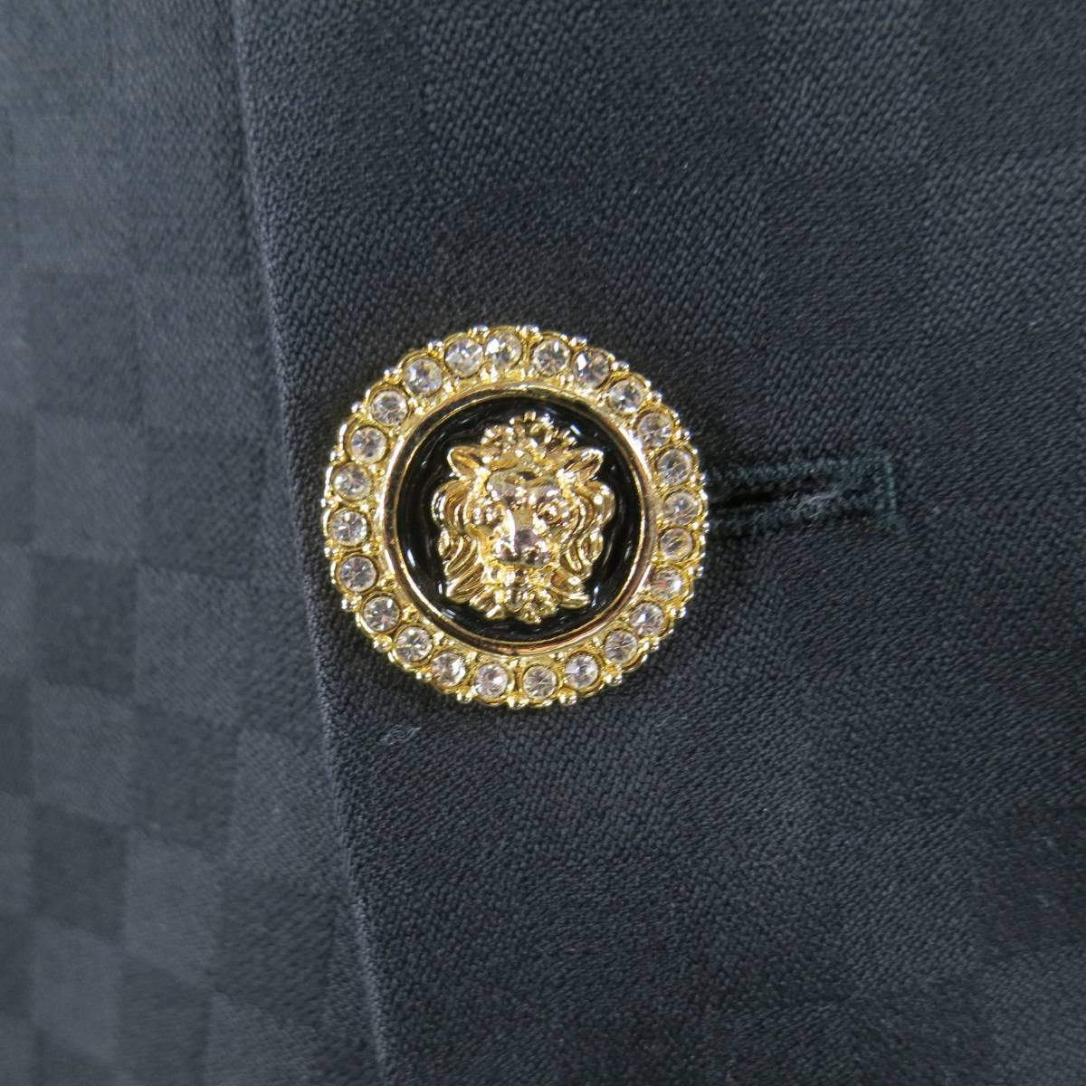 GIANNI VERSACE 44 Black Checkered Wool Gold Rhinestone Lion Head Button ...