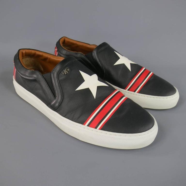 GIVENCHY Size 12 Black Red and White Stars and Stripes Leather Slip On ...