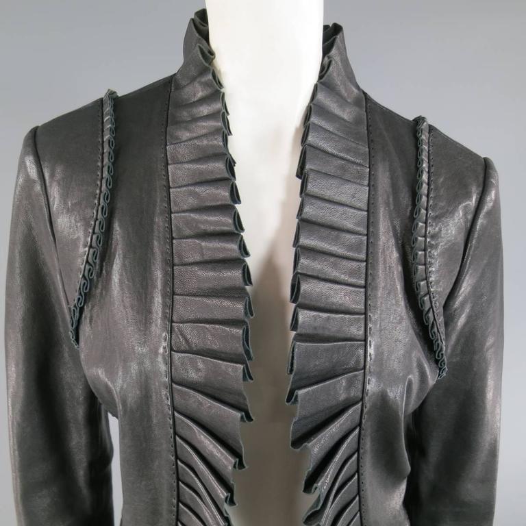 TORY BURCH Size 8 Black Pleated Ruffle Trim Leather Jacket at 1stDibs ...