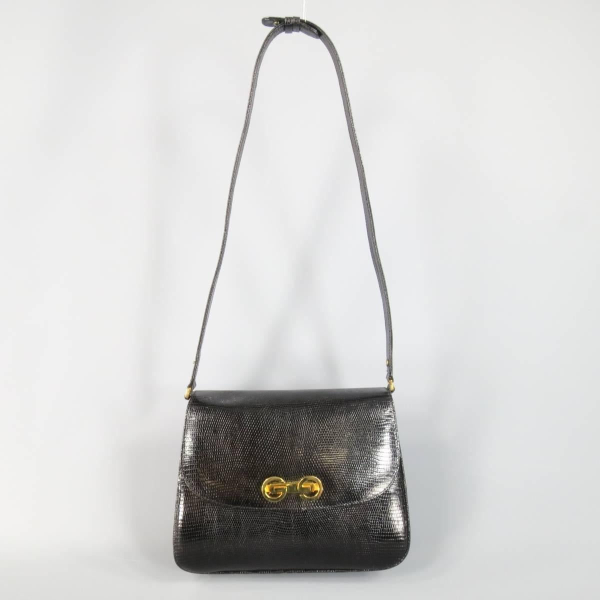 Vintage GUCCI Black Lizard Skin Leather Gold G Handbag at 1stDibs